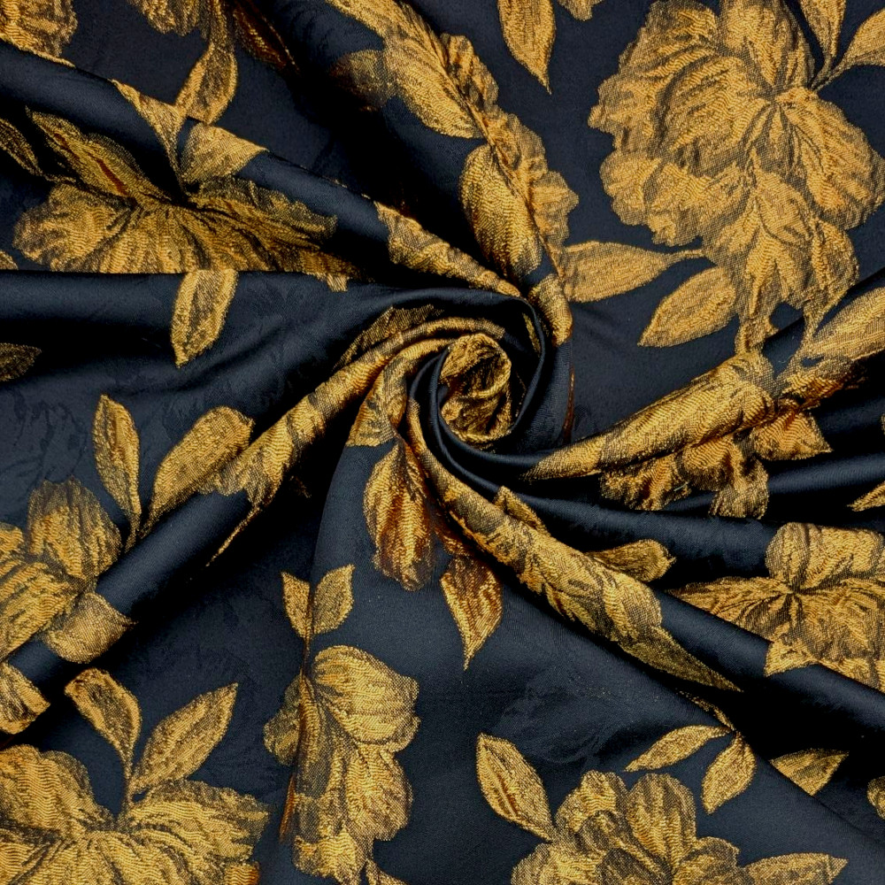 Gold Floral Brocade on Black Fabric by the metre